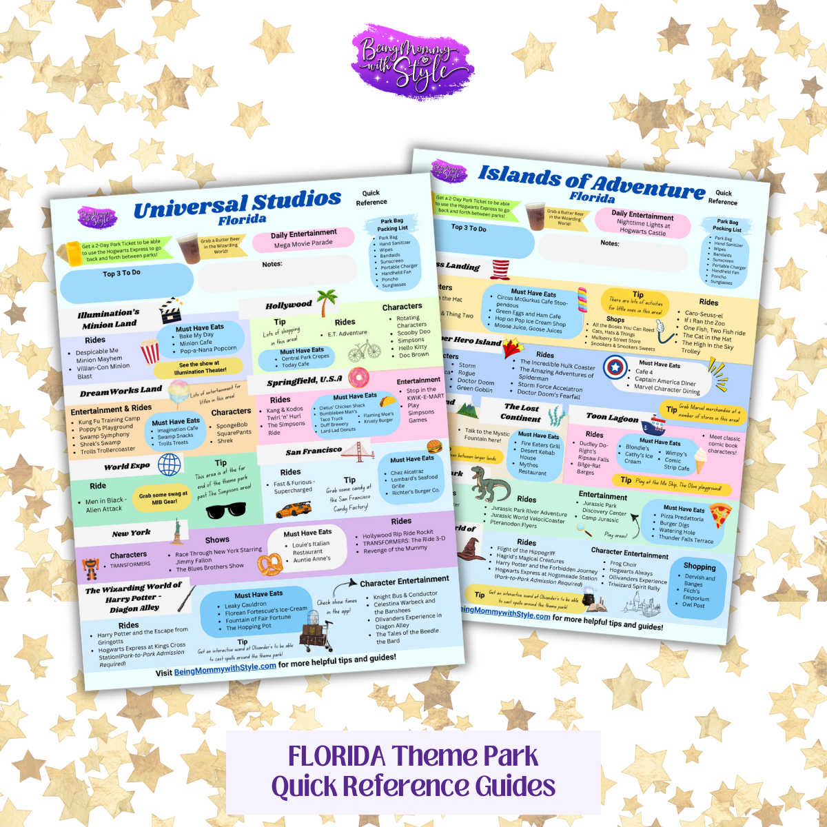 Universal Studios Florida Theme Park Quick Reference Guides