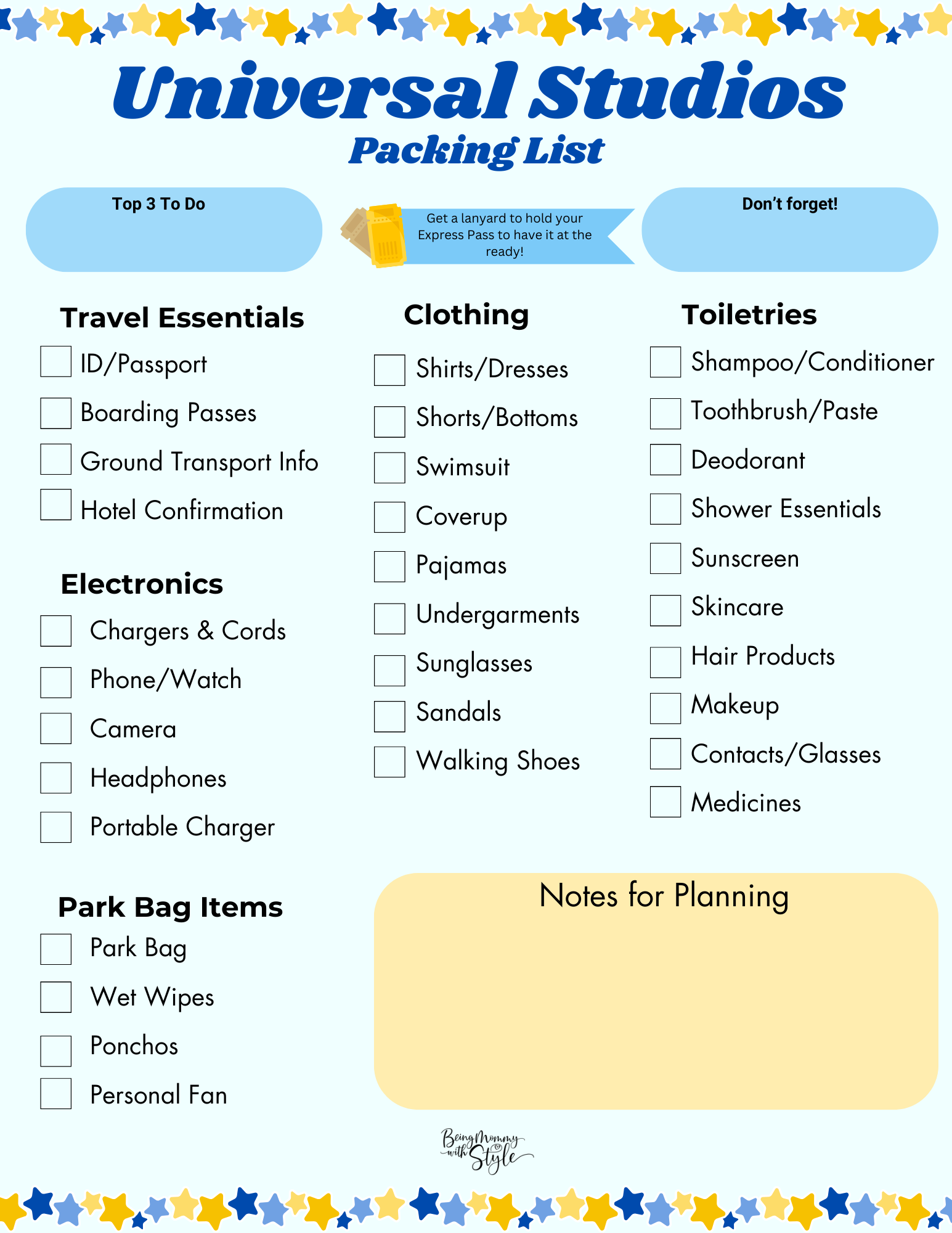 Universal Studios Packing List